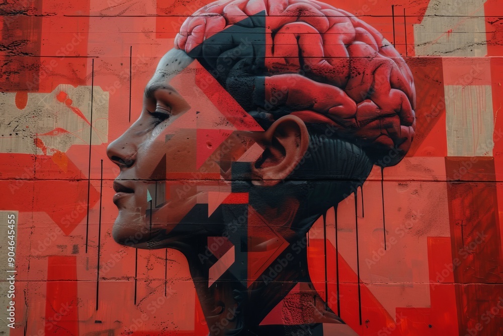 Brain with neural map overlay against rustic urban textures, blending ...