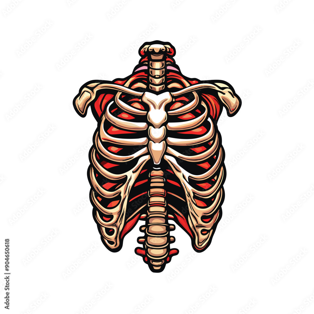 Create a detailed vector illustration of the human rib cage and spine ...