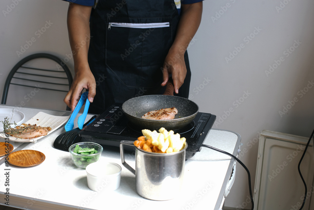 Preparing Making Delicious Food Mene With Cooking Chicken Steak Using ...