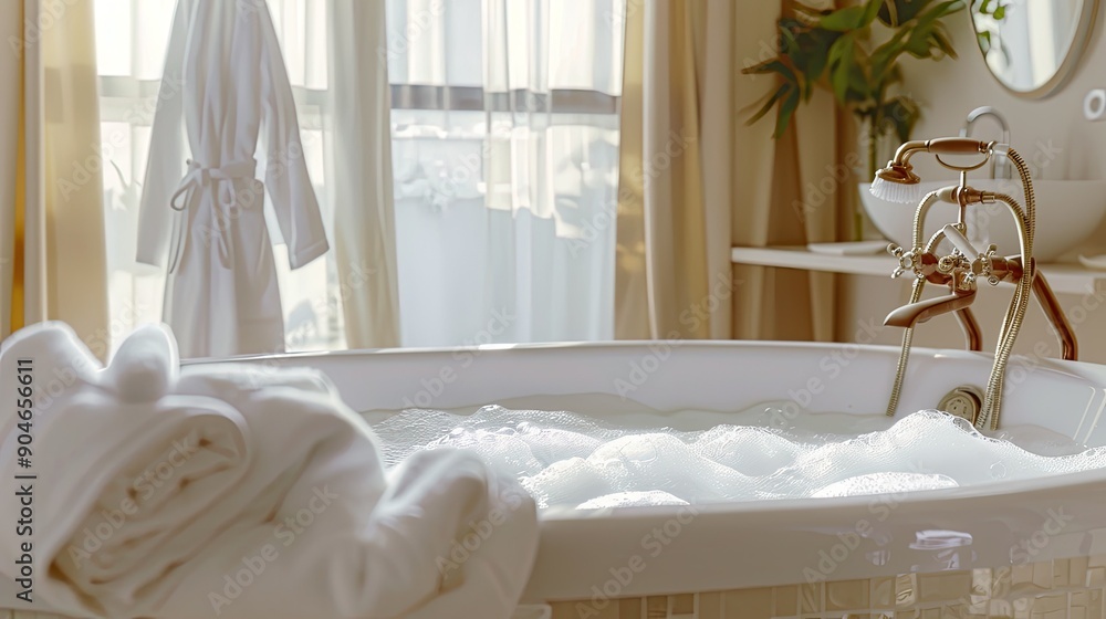 Bubble-filled bathtub with a bathrobe hanging on a hook, captured in a ...