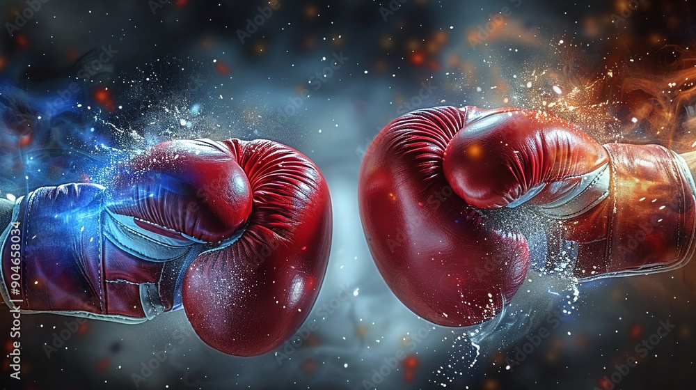 Two boxing gloves colliding in the center with enough copyspace to add ...