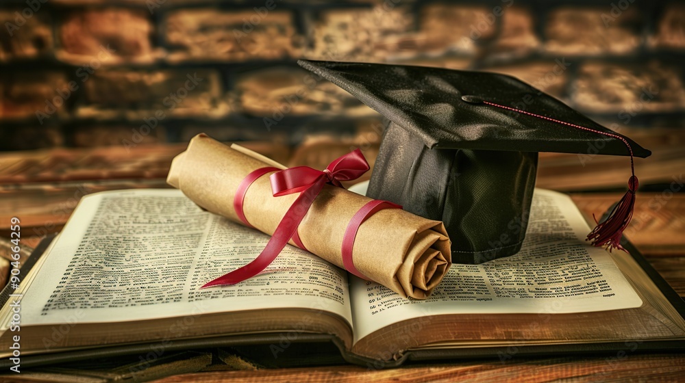 A Graduation cap and a graduation roll that tied with red ribbon rested ...