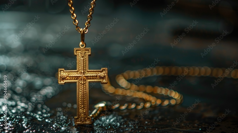 Shiny gold cross on a chain, captured against a rich, dark backdrop ...