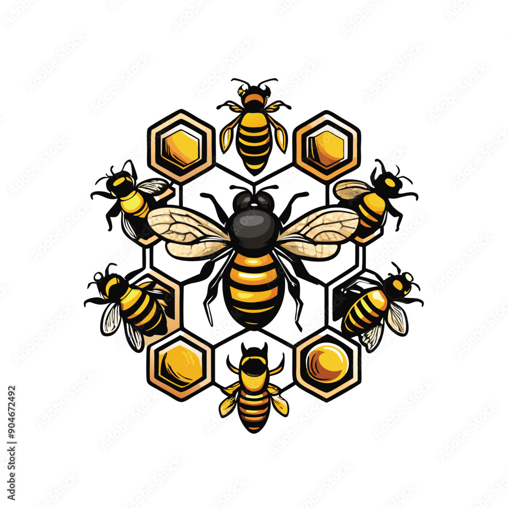 Create a vector diagram of a bee colony showing the queen bee, worker ...