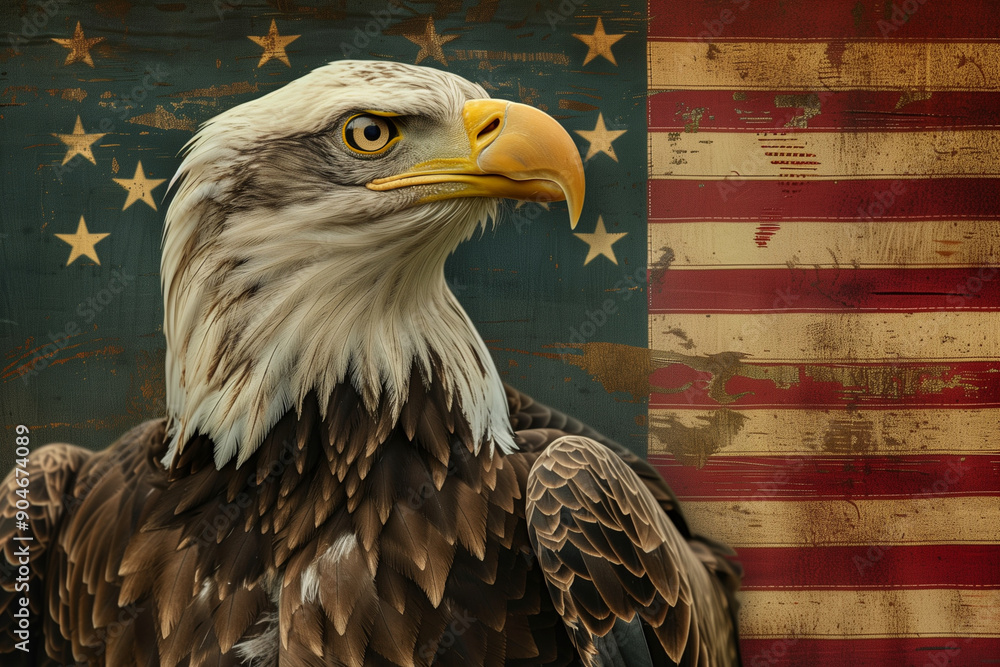 bald eagle is standing in front of the American flag. The eagle has a fierce look on its face ...
