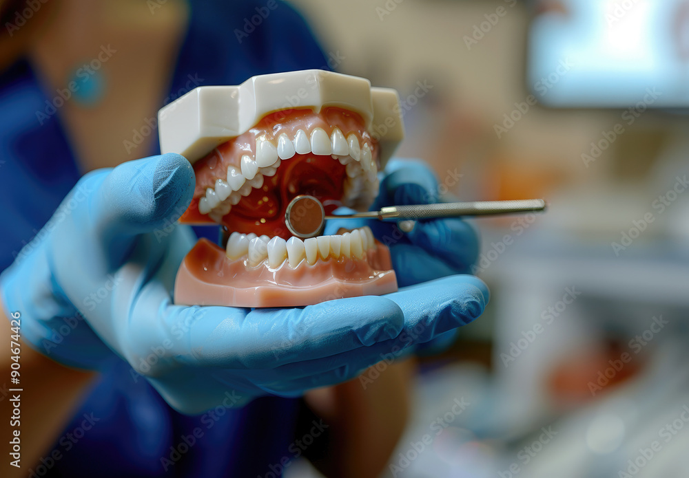 entist holding a model of dental implants and teeth, showing the ...