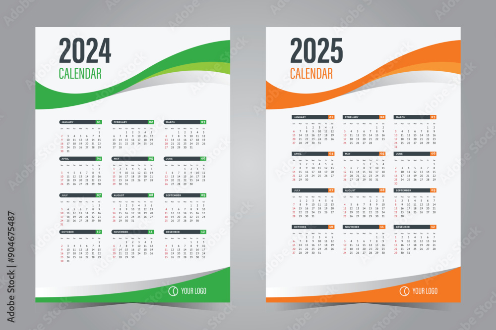 2024 and 2025 wall calendar design template. green and orange calendar ...