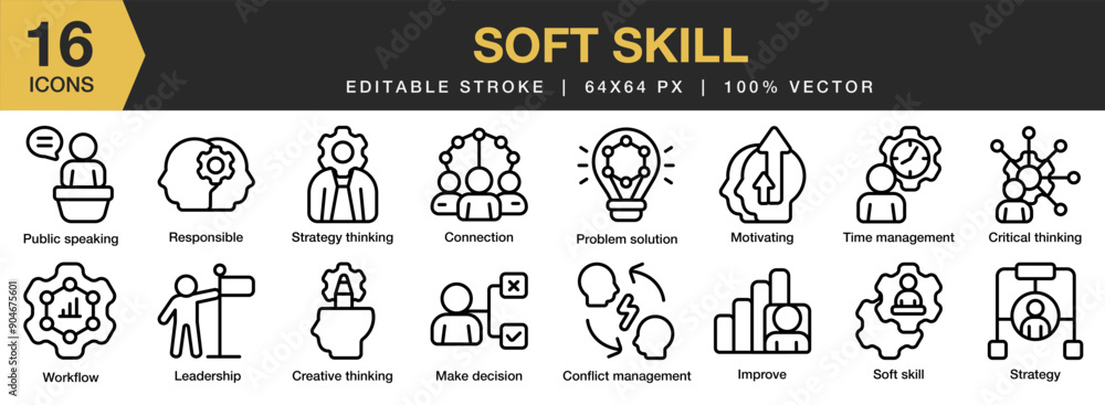 Soft Skills icon set. Editable Stroke Icon Collection. Includes ...