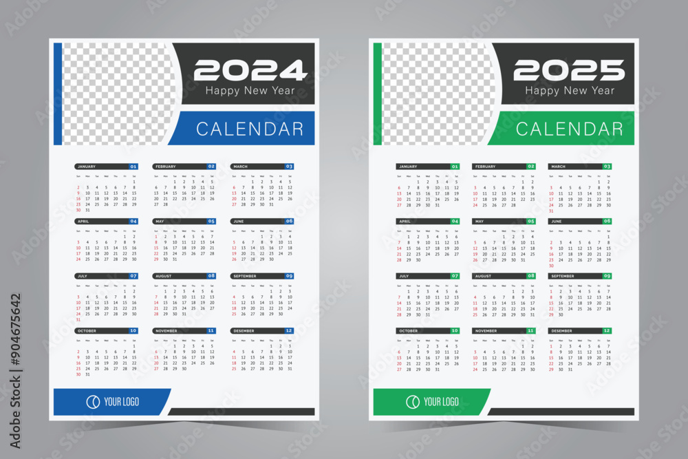 2024 and 2025 wall calendar design template. Blue and green calendar ...