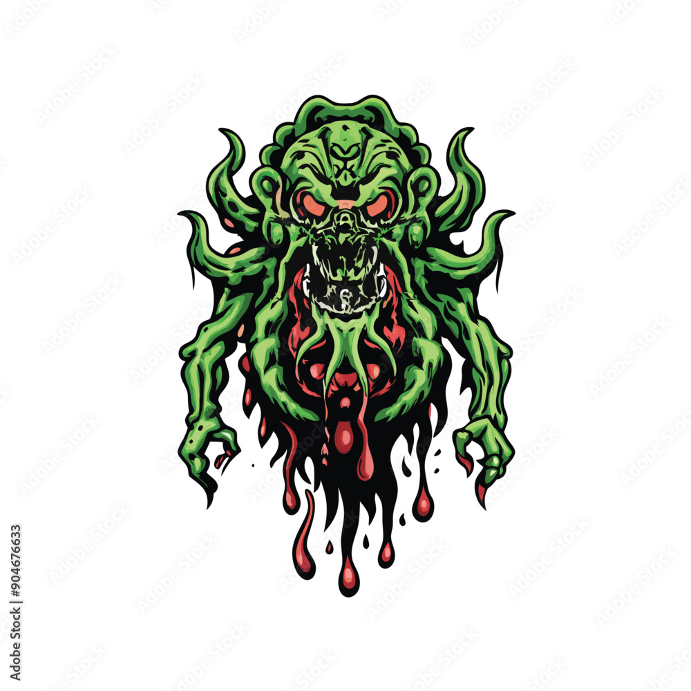 Create a vector graphic of a multi-limbed, green, monstrous, horrifying ...