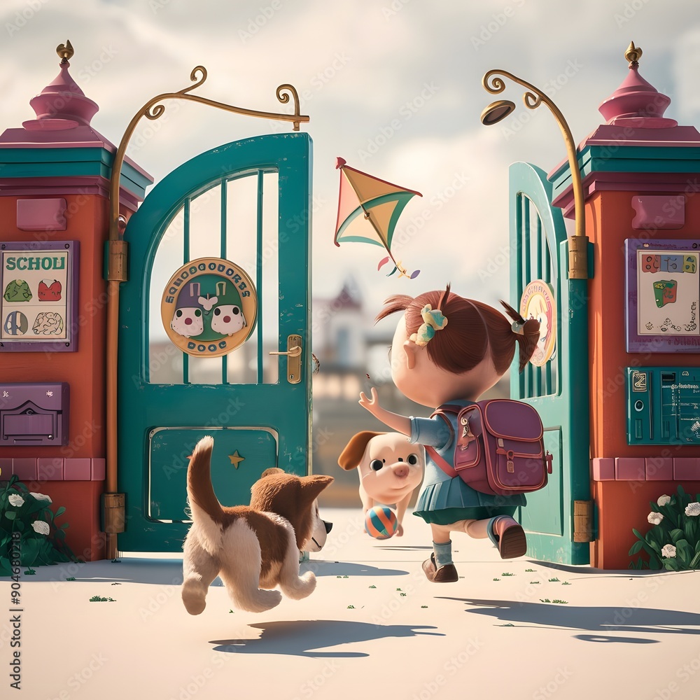 student going to school. School gate 3d render illustration. back to ...