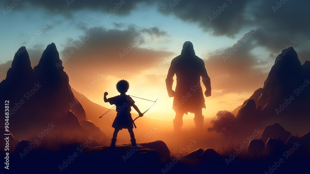 David and Goliath. Bible story of young Shepherd boy defeating a giant ...
