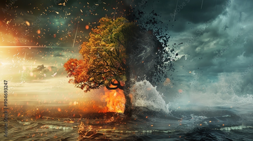 Dramatic Depiction of Climate Change, Tree Enduring Fire and Flood ...