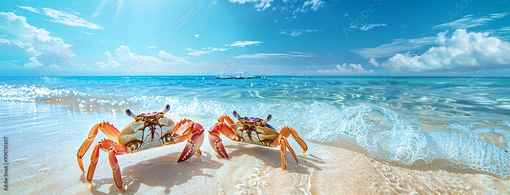 Two funny crabs on an azure beach, posing for the camera in close-up ...