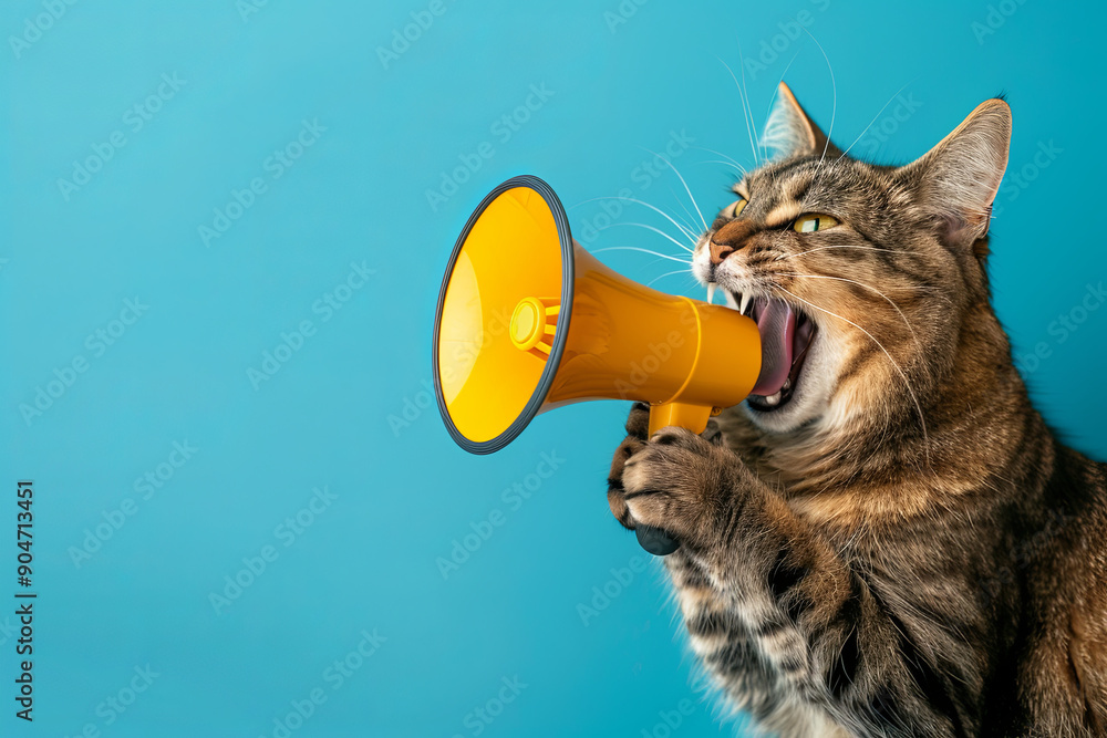 Funny cat yelling through a yellow megaphone on a blue background ...