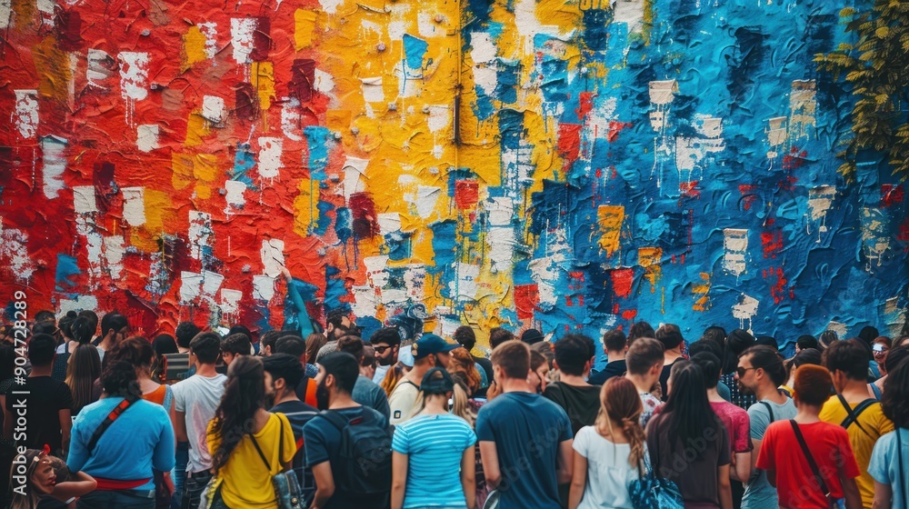 Crowd of people admiring a colorful urban art mural on a city street ...