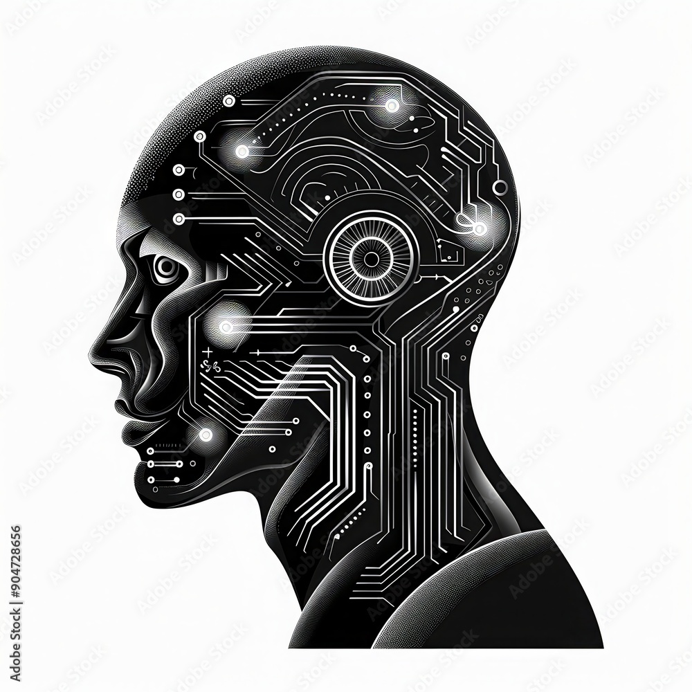 Futuristic cyborg head with intricate circuit patterns, representing ...