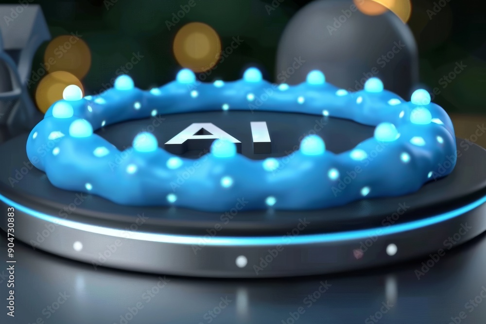 "AI logo surrounded by glowing blue spheres, representing the digital ...