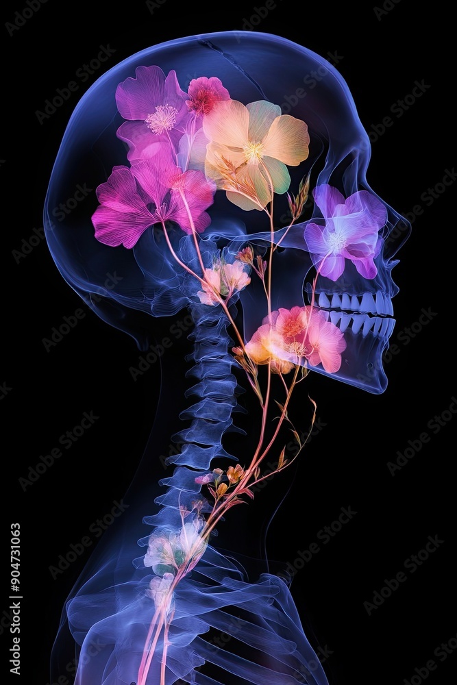 X-ray style image of a human skeleton with flowers growing from the ...
