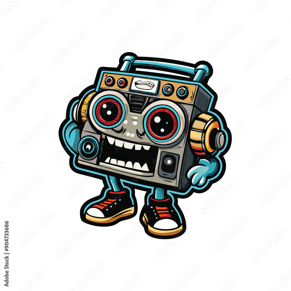 Design a vector graphic of a retro boombox character with a smiling ...