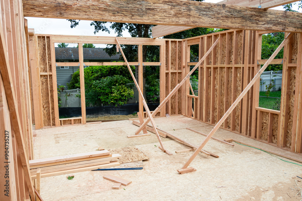 New house construction in residential neighborhood, job site detail ...