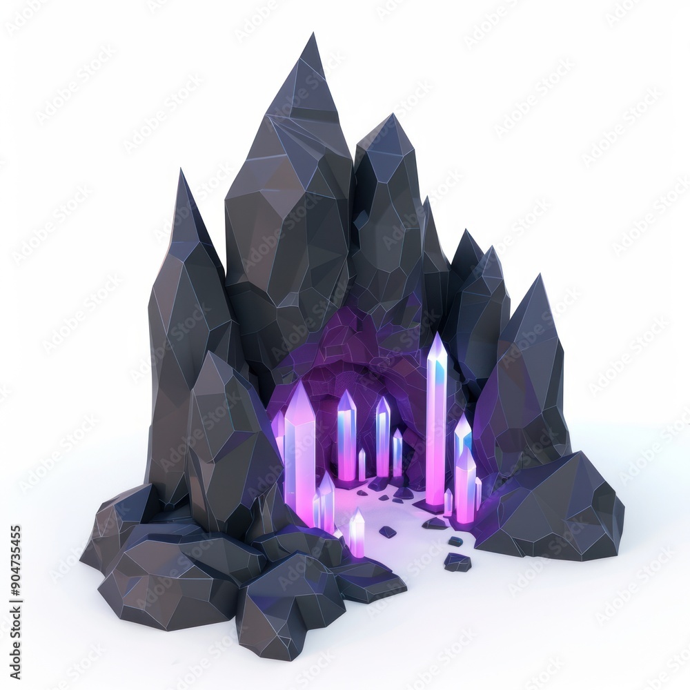 3D Render, Low Poly style of crystal cave magic portal, on isolated ...