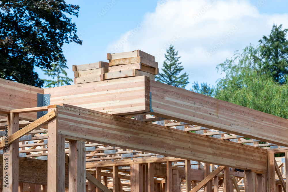 New house construction in residential neighborhood, first floor wood ...