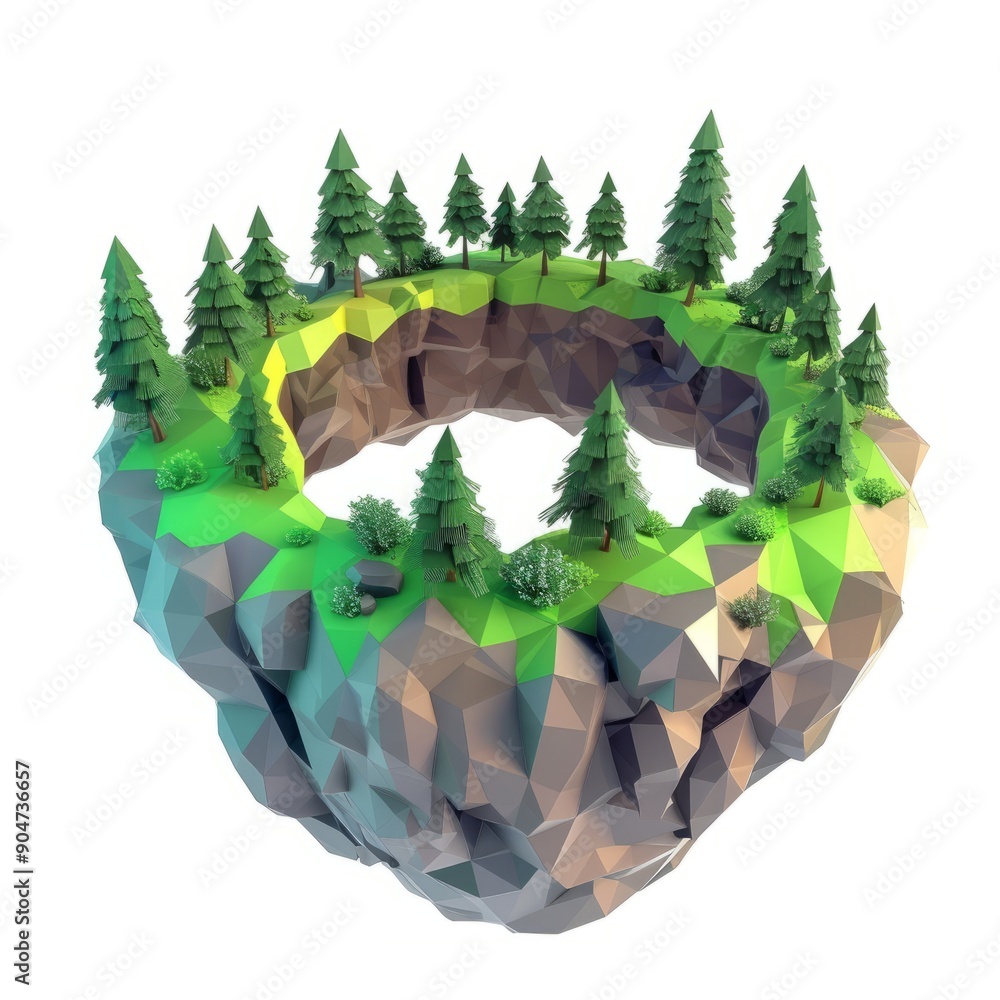3D Render, Low Poly style of floating island magic portal, on isolated ...