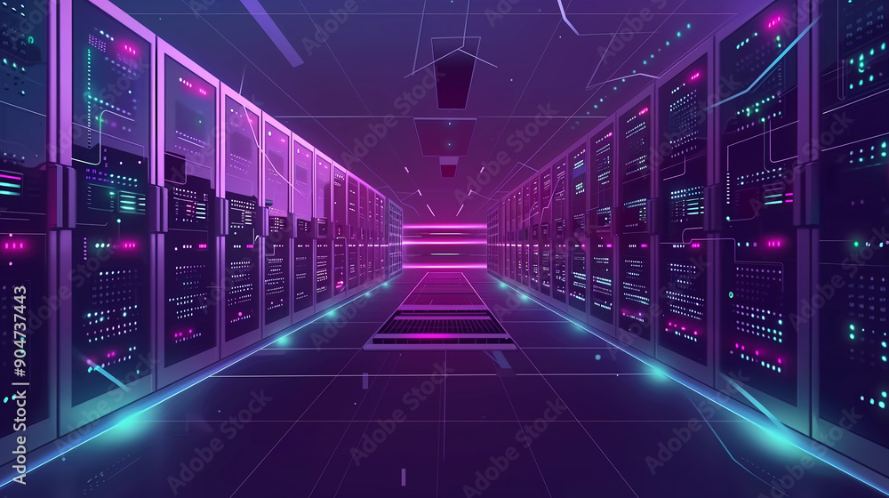 A computer server farm is shown in a colorful, futuristic style. The ...
