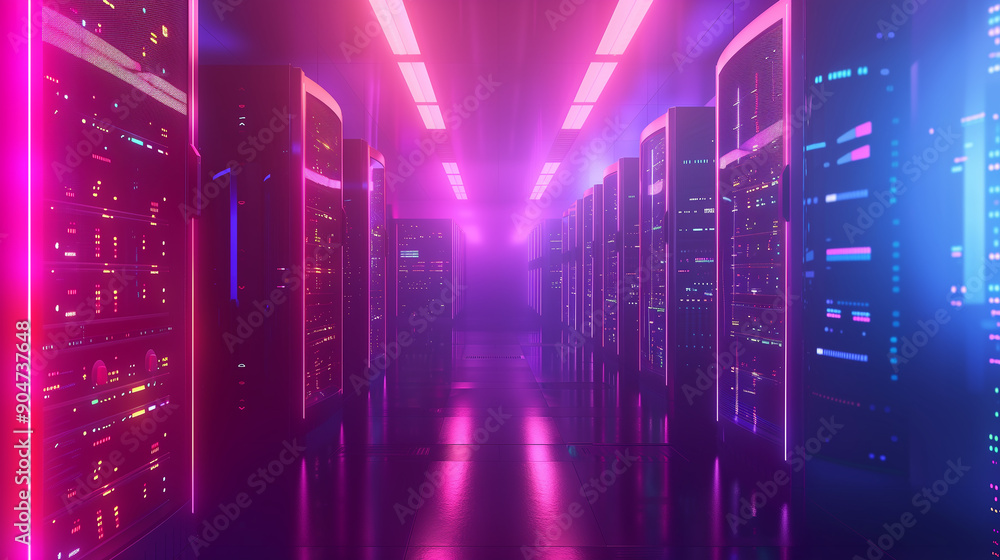 A computer server farm is shown in a colorful, futuristic style. The ...