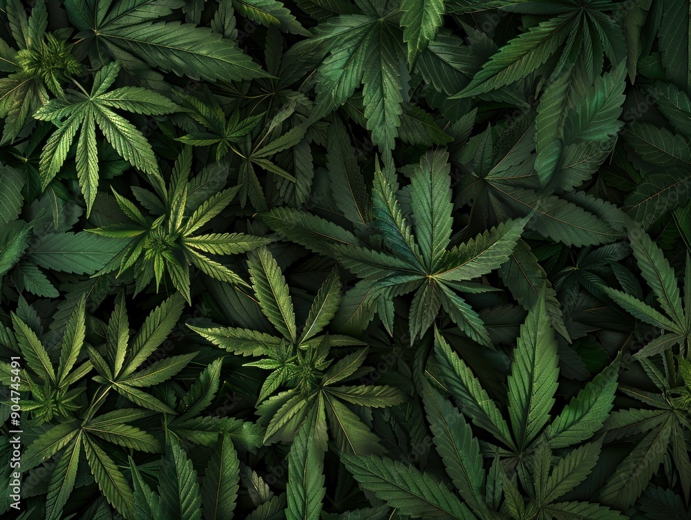 cannabis plant in colored purple light on violet background. Medical marijuana background ...