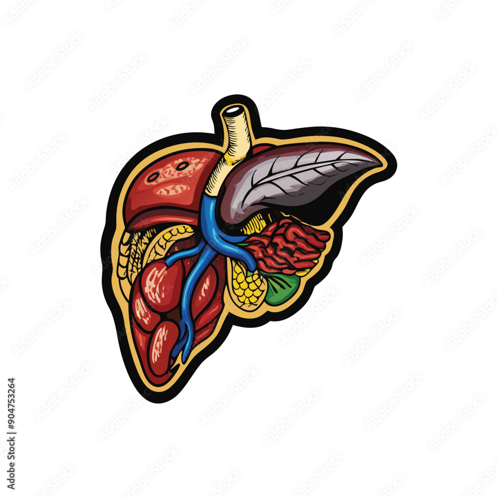 Design a vector illustration of the human liver and gallbladder with a ...