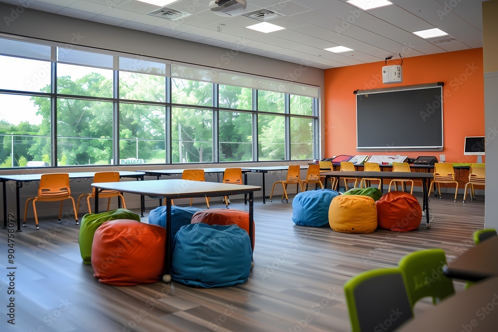 A modern and large classroom with an orange accent wall, tables for ...