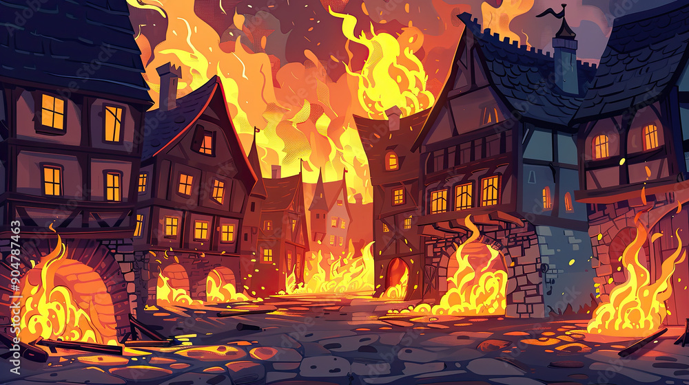 City in fire, war destroy, abandoned burning broken buildings with ...