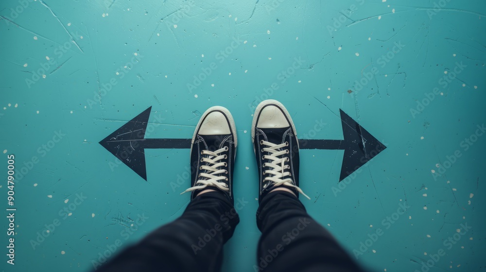 person's feet standing on a clean, solid pastel blue background, with ...