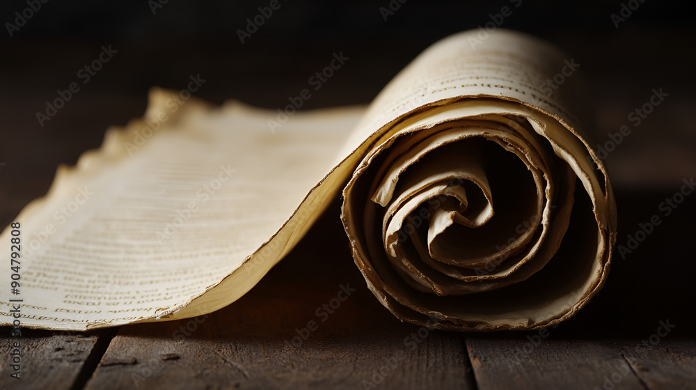 Opened unrolled scroll on a wood surface The Torah also known as the ...