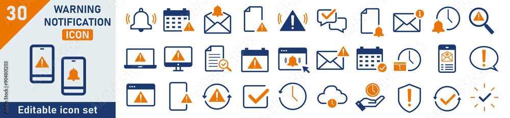 Warning notification icon set. Set of 30 outline icons related to ...