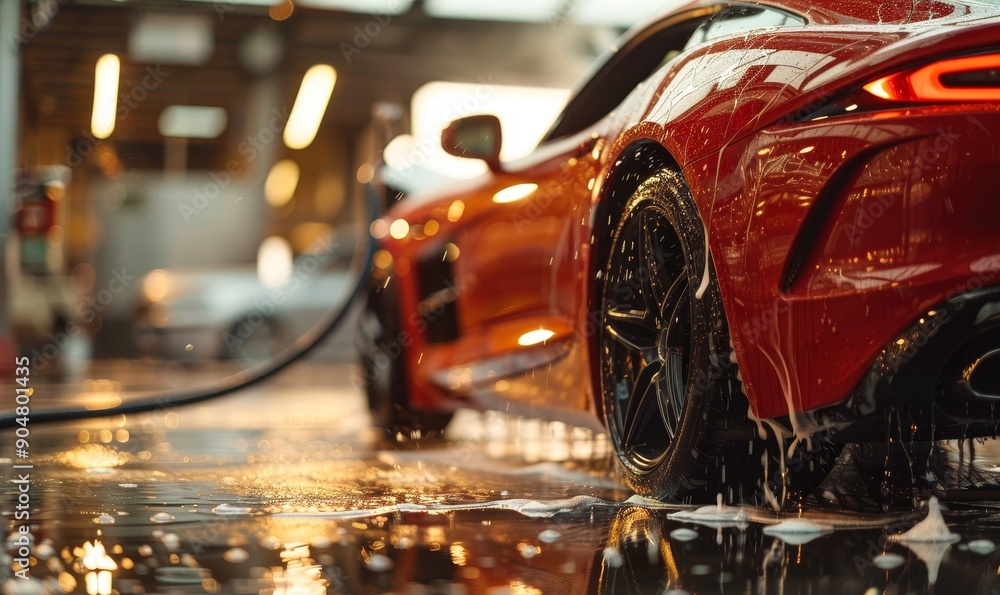 Car Wash Expert Using Water Pressure Washer to Clean a Red Modern ...