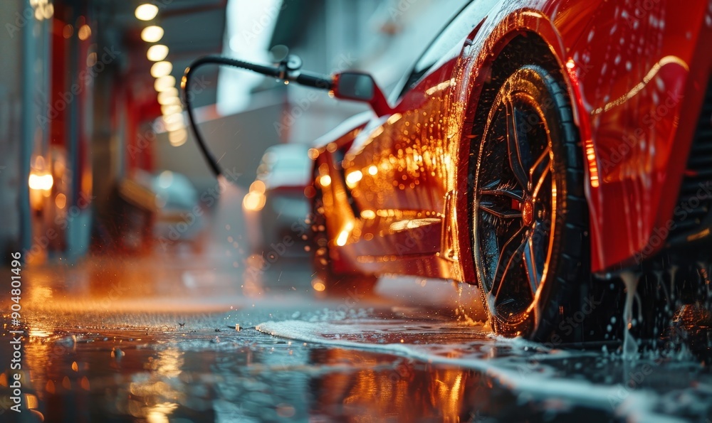 Car Wash Expert Using Water Pressure Washer to Clean a Red Modern ...