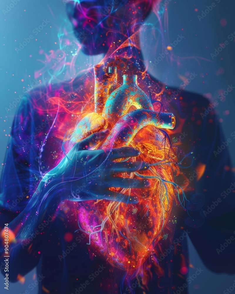 person holding their chest with a glowing heart, arteries vividly ...