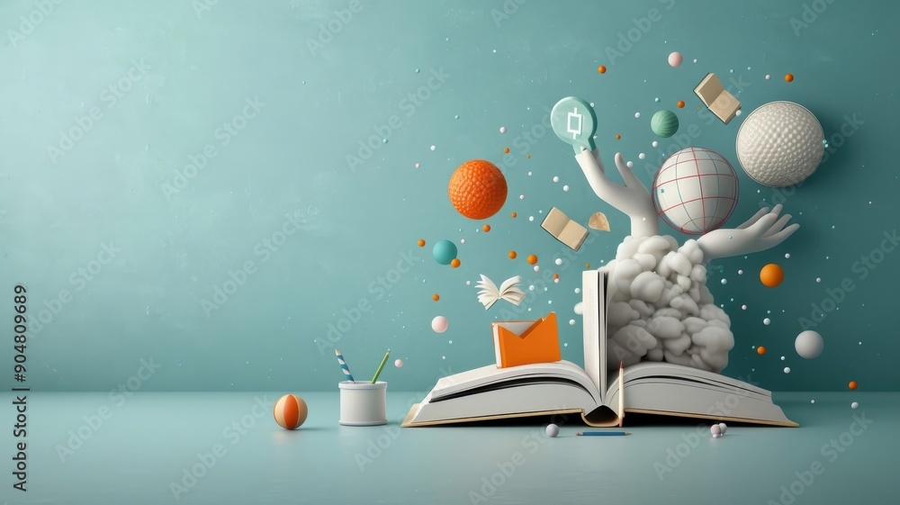 Whimsical illustration of hands from a storybook holding learning icons ...