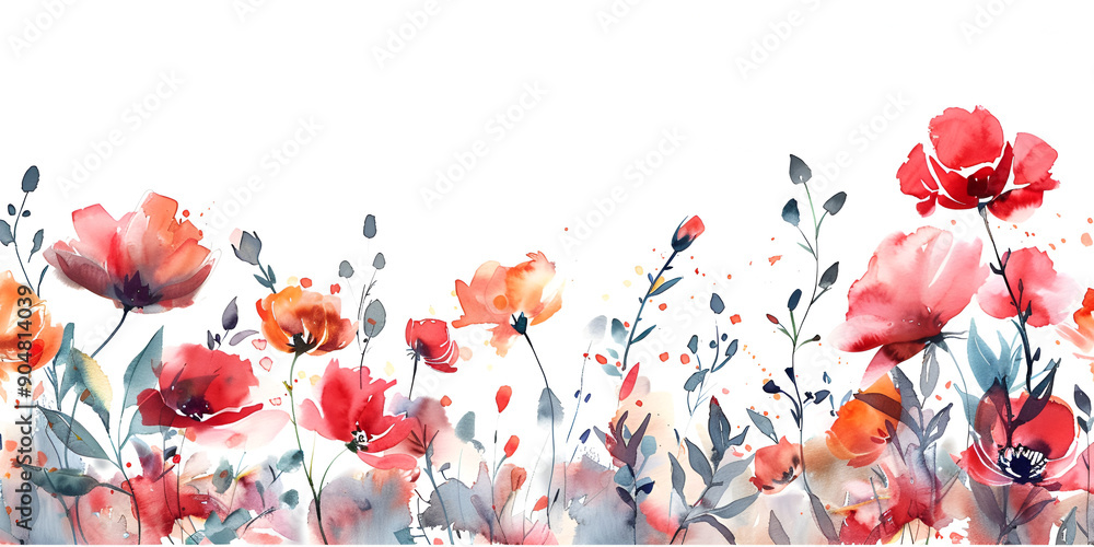 Watercolor border with orange and green flowers on white background ...