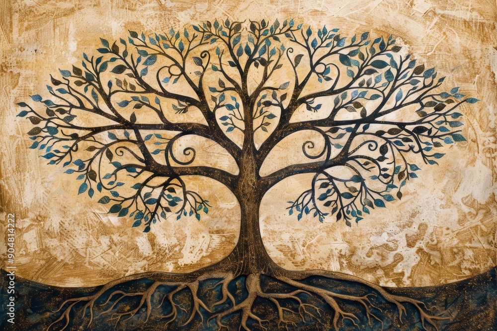 A painting depicting a tree with visible roots spreading out beneath ...