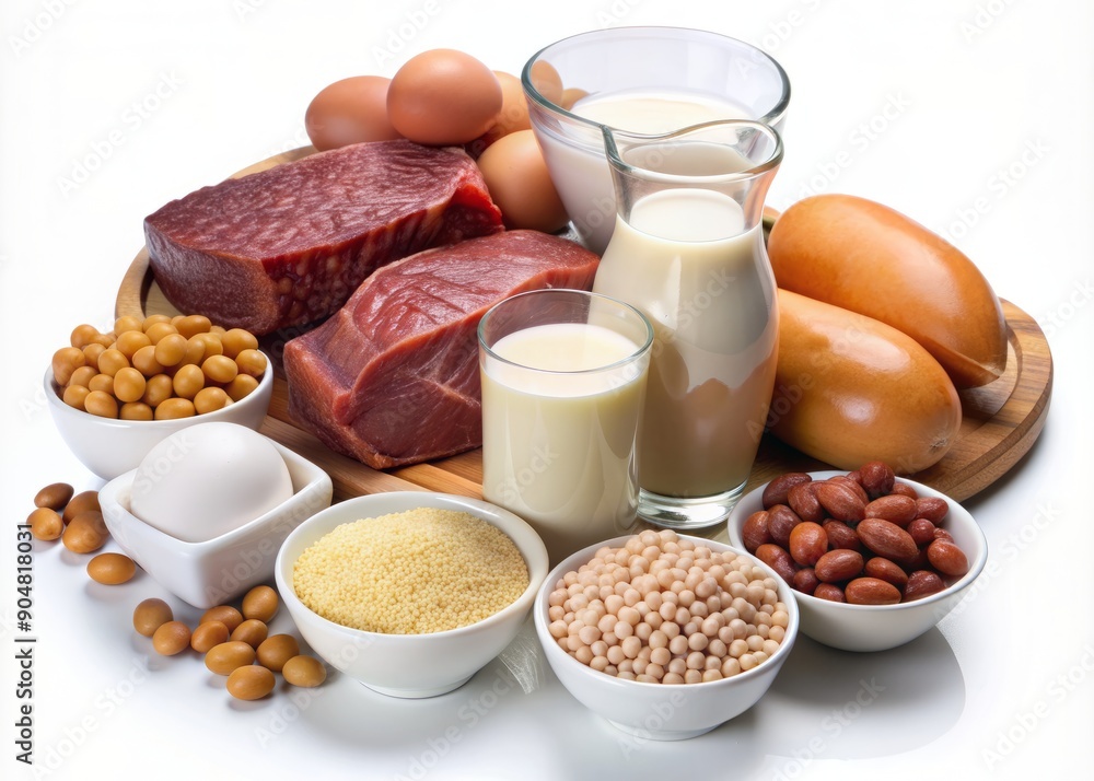 Protein food meat milk egg and bean in 3d png transparent with no ...