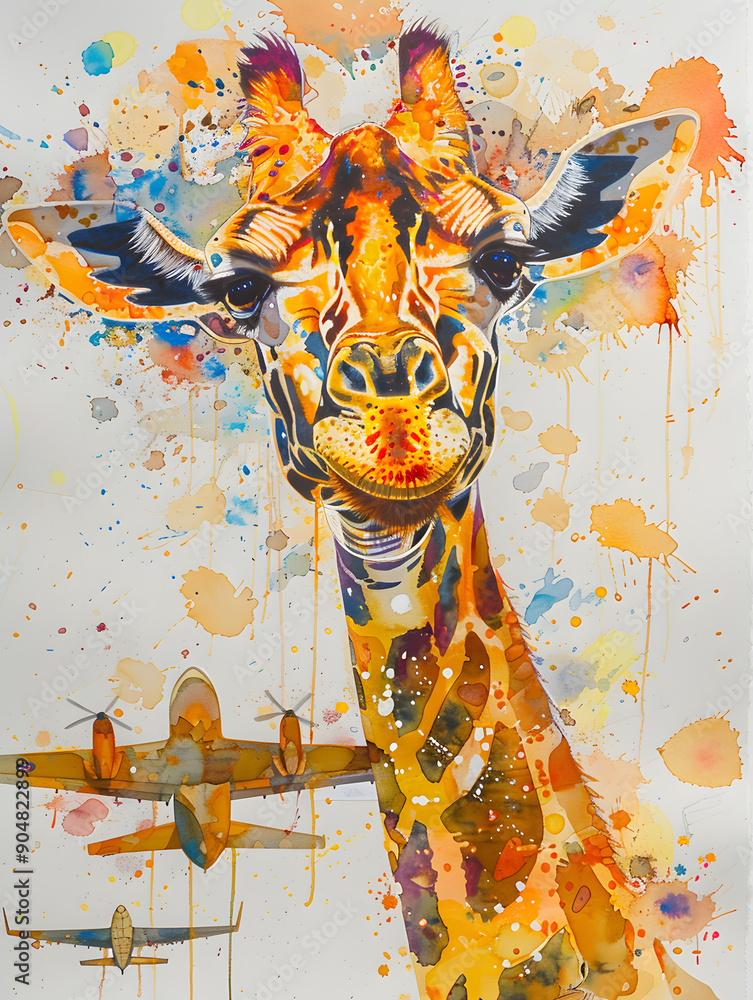 Watercolor painting of a cute baby giraffe on a blooming meadow ...