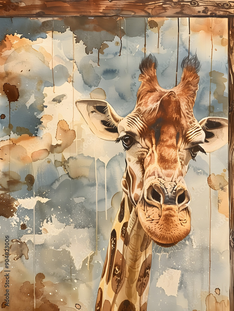 Watercolor painting of a cute baby giraffe on a blooming meadow ...
