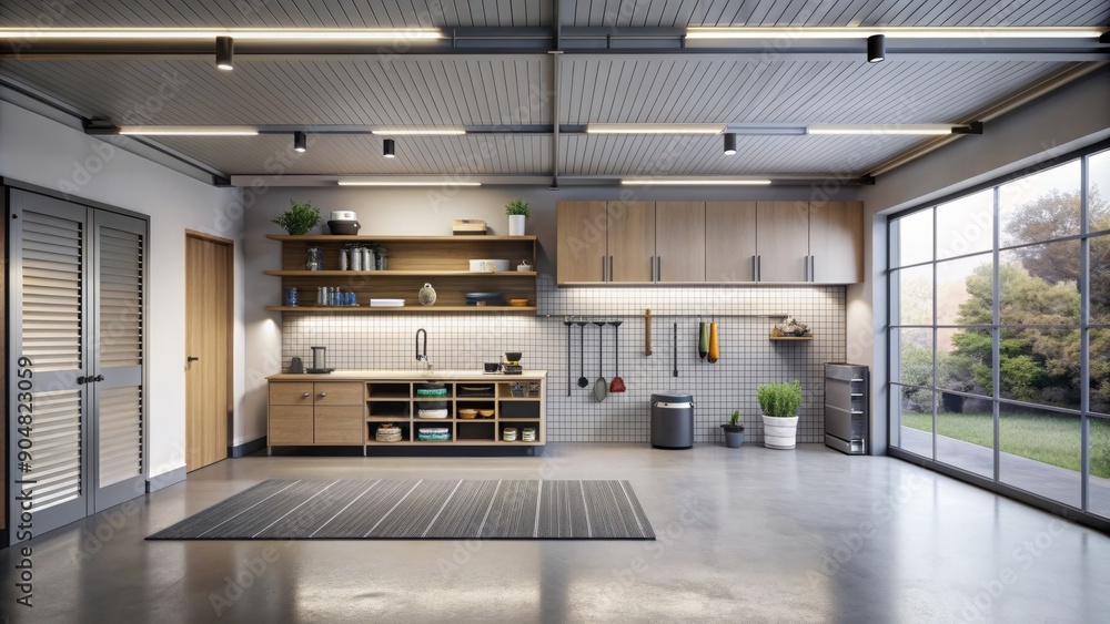 Sleek garage conversion boasts minimalist aesthetic, ample storage solutions, dedicated workshop ...