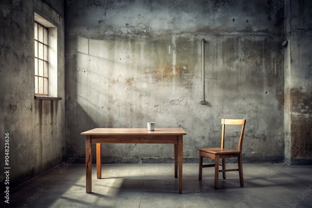 Empty prison visiting room with a lone chair, a worn wooden table, and ...