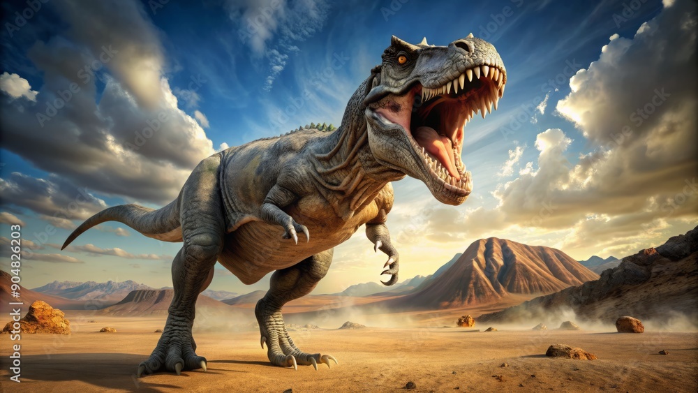 Fearsome prehistoric mutant dinosaur, a zombie-like T-Rex, lets out a ...