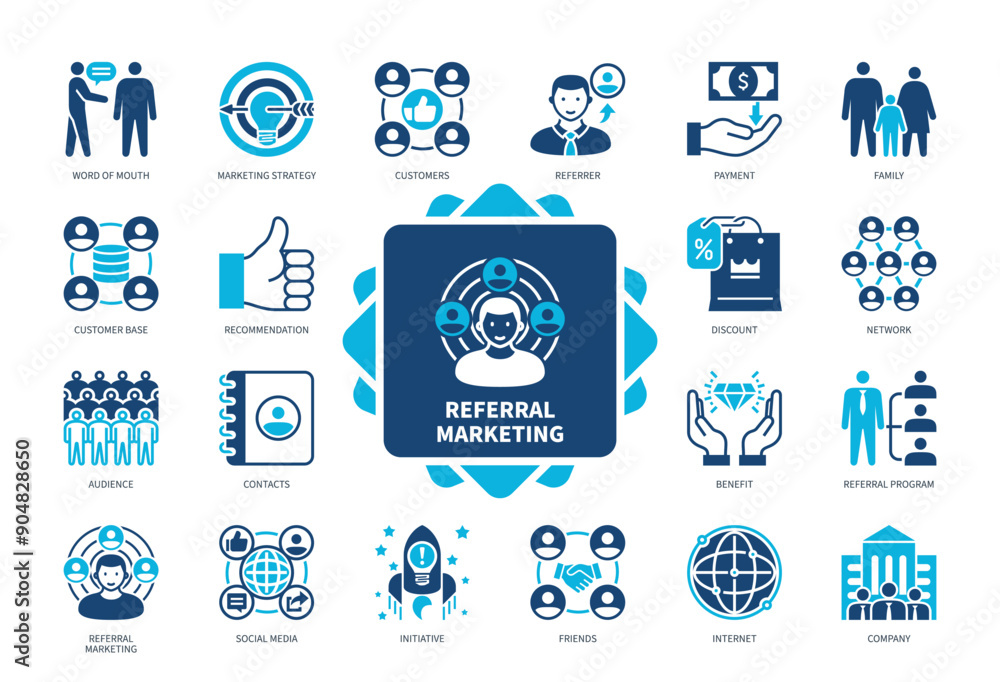 Referral Marketing icon set. Referrer, Word of Mouth, Initiative ...